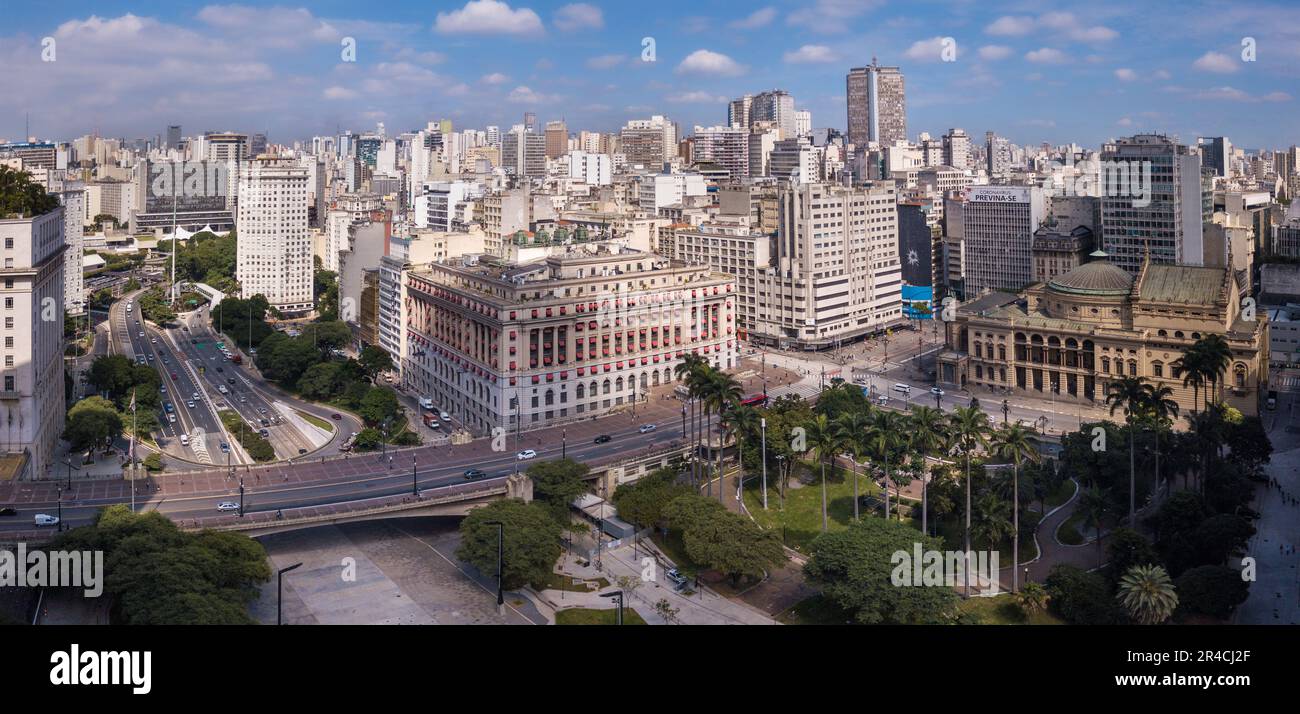 Beautiful aerial drone view of Anhangabau Valley square, viaduto do cha ...