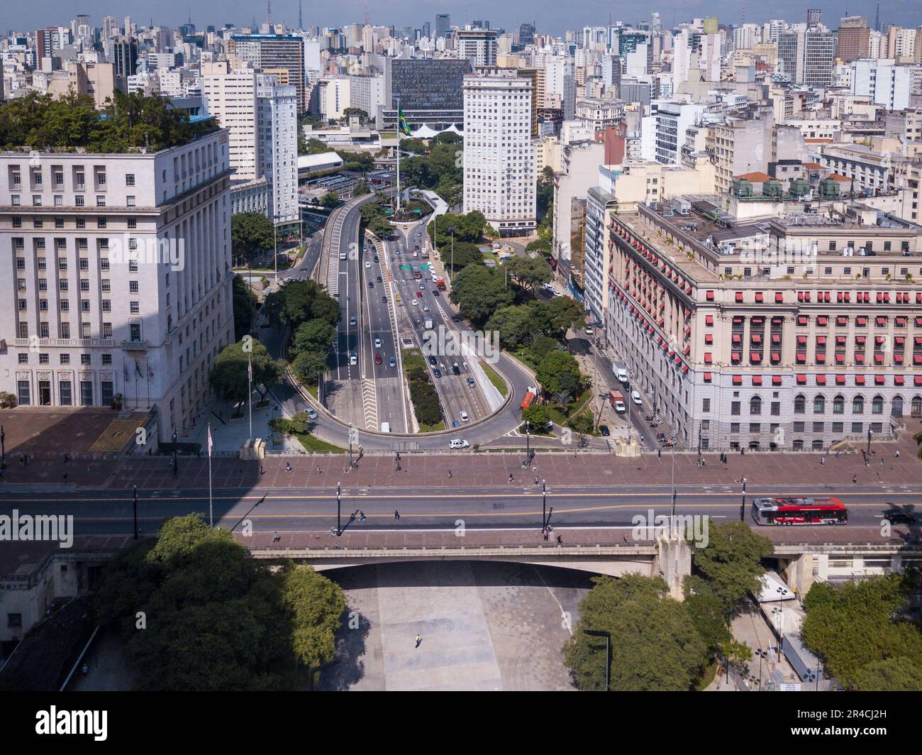 Beautiful aerial drone view of Anhangabau Valley square, viaduto do cha ...