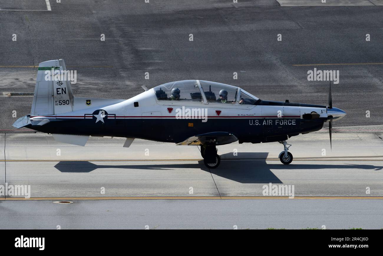 A T-6 Texan II aircraft assigned to the 80th Flying Training Wing taxis down the flightline at ...