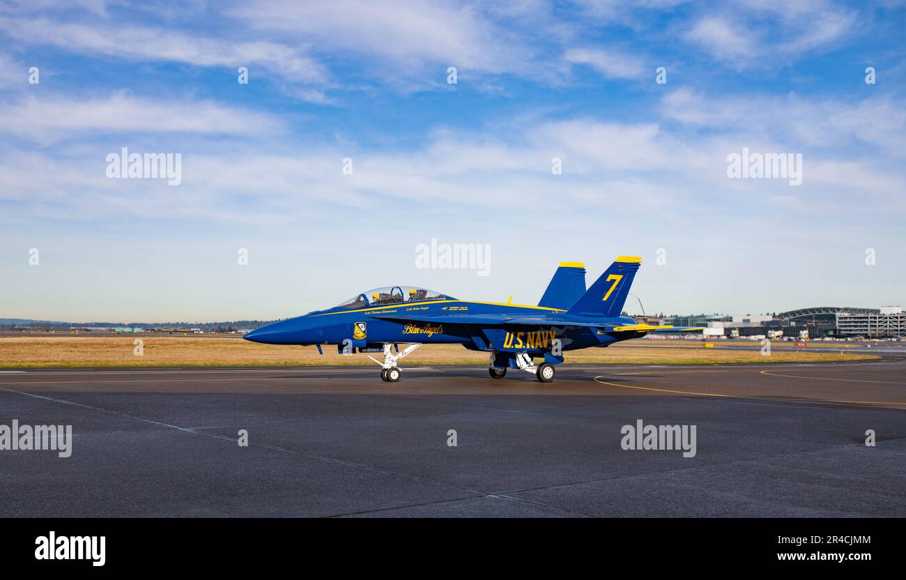 An F/A-18 Superhornet assigned to the U.S. Navy Blue Angels taxis the ...