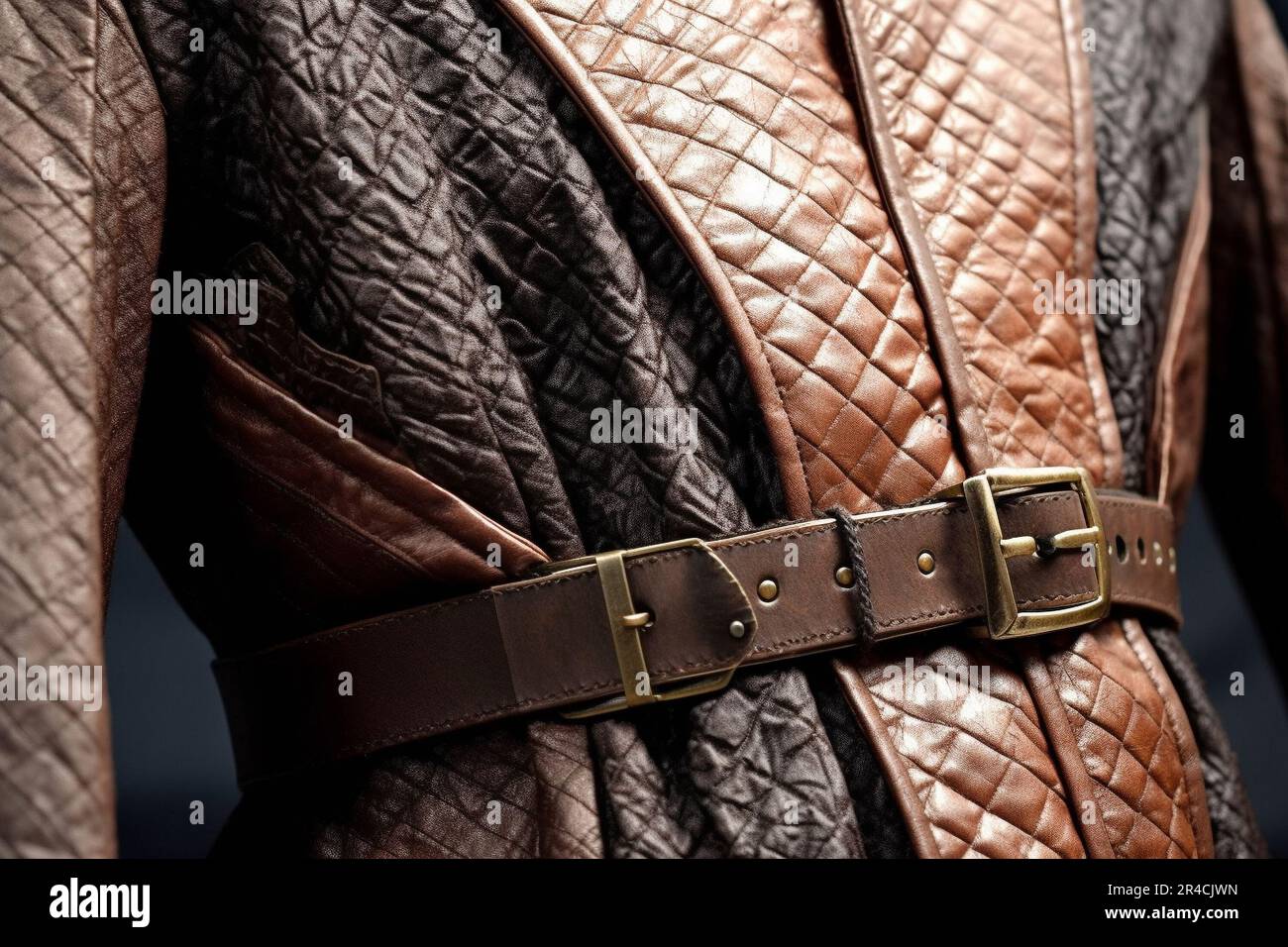 Close up macro textured details of dark brown leather creative jacket ...