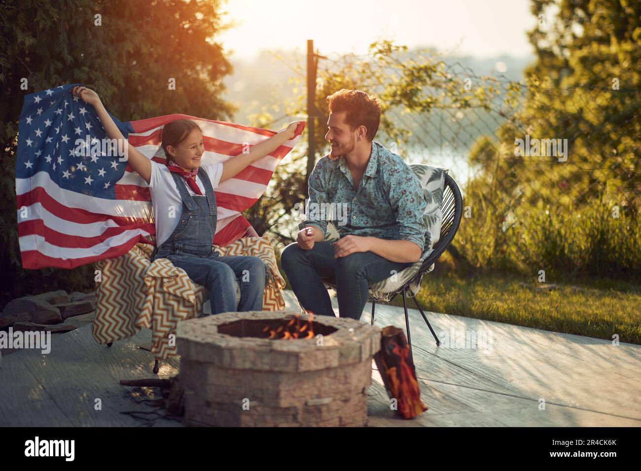 Family celebration of Independence Day. The father and his young ...