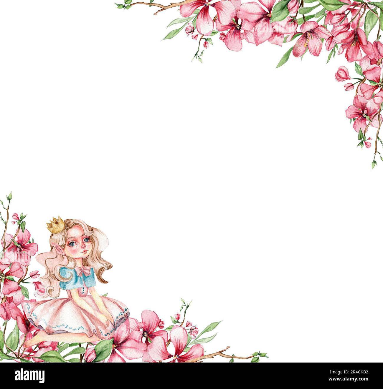 Composition corner border of flower fairy, little princess dressed in ...