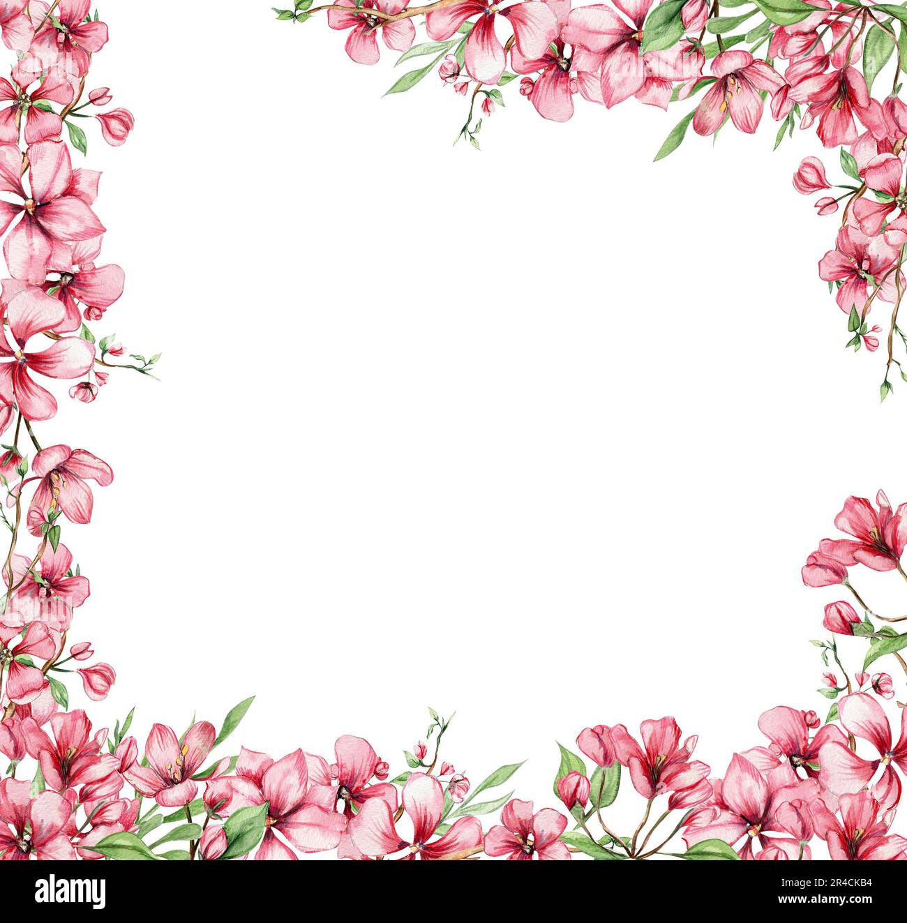 Watercolor square spring garden full of flowers frame in cartoon style ...