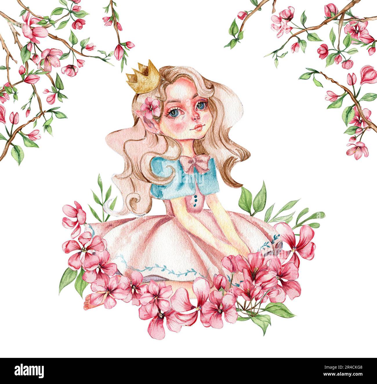 Composition of flower fairy, little princess dressed in pink with ...