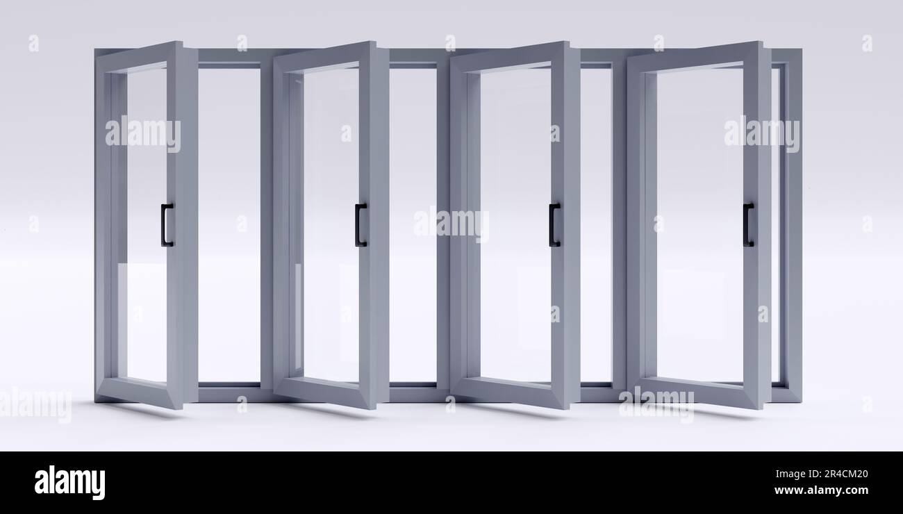 Four window PVC plastic grey framed opened isolated cutout on empty ...