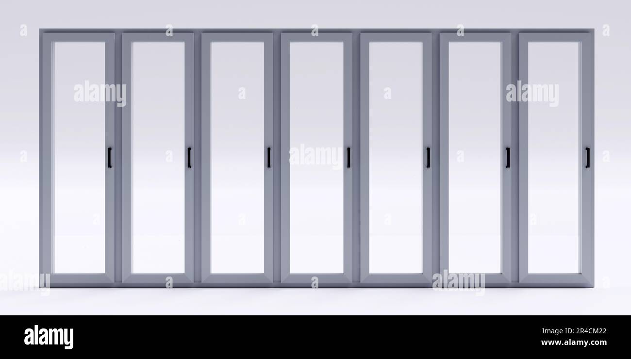 Window PVC plastic in row grey framed closed isolated cutout on empty ...
