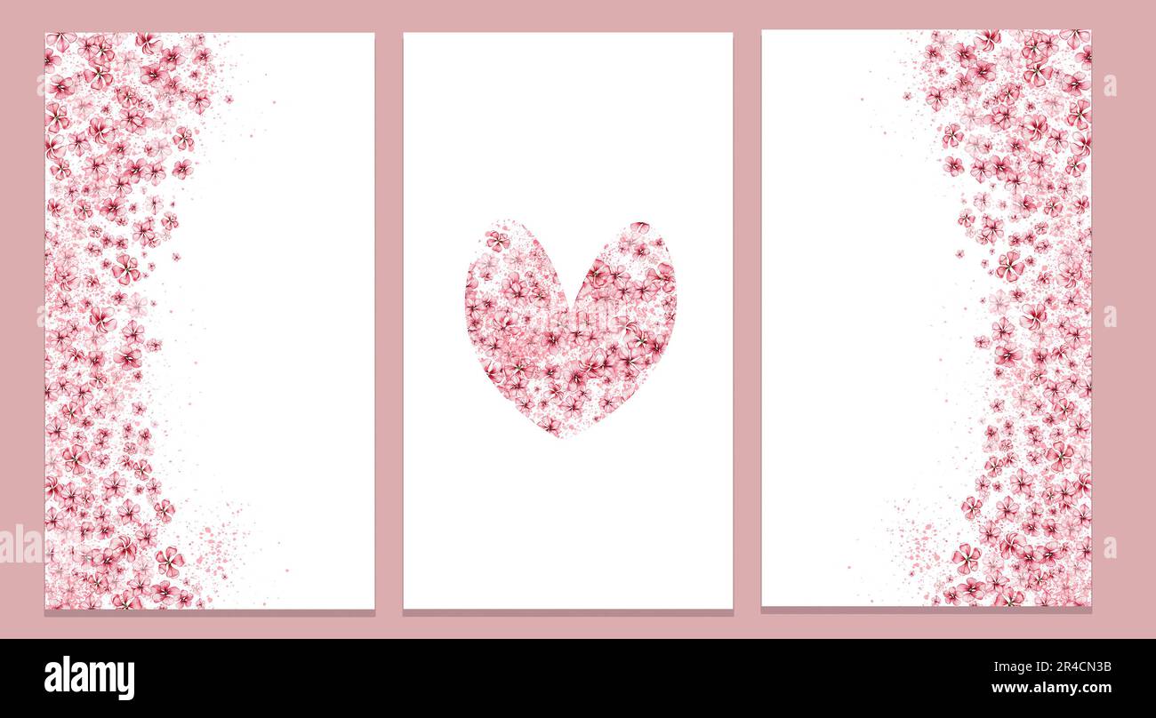 Triptych of frames and heart with delicate pink flowers. Watercolor ...