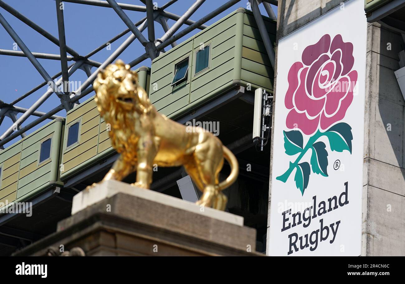 A general view of England Rugby signage and a Gold Lion statue at ...