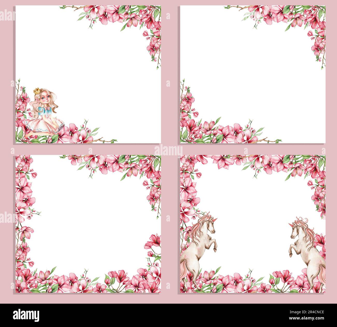 Watercolor square spring garden full of flowers frame in cartoon style ...