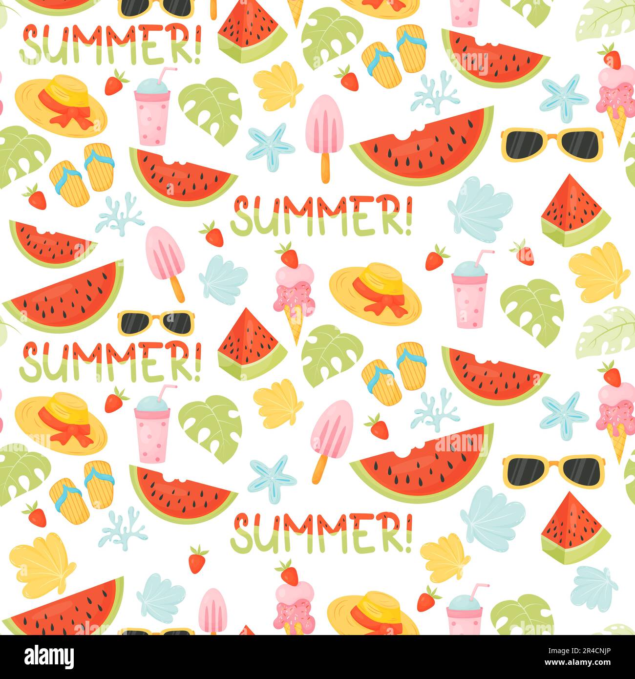 Summer seamless pattern with watermelon, shells, straw hat, slippers ...