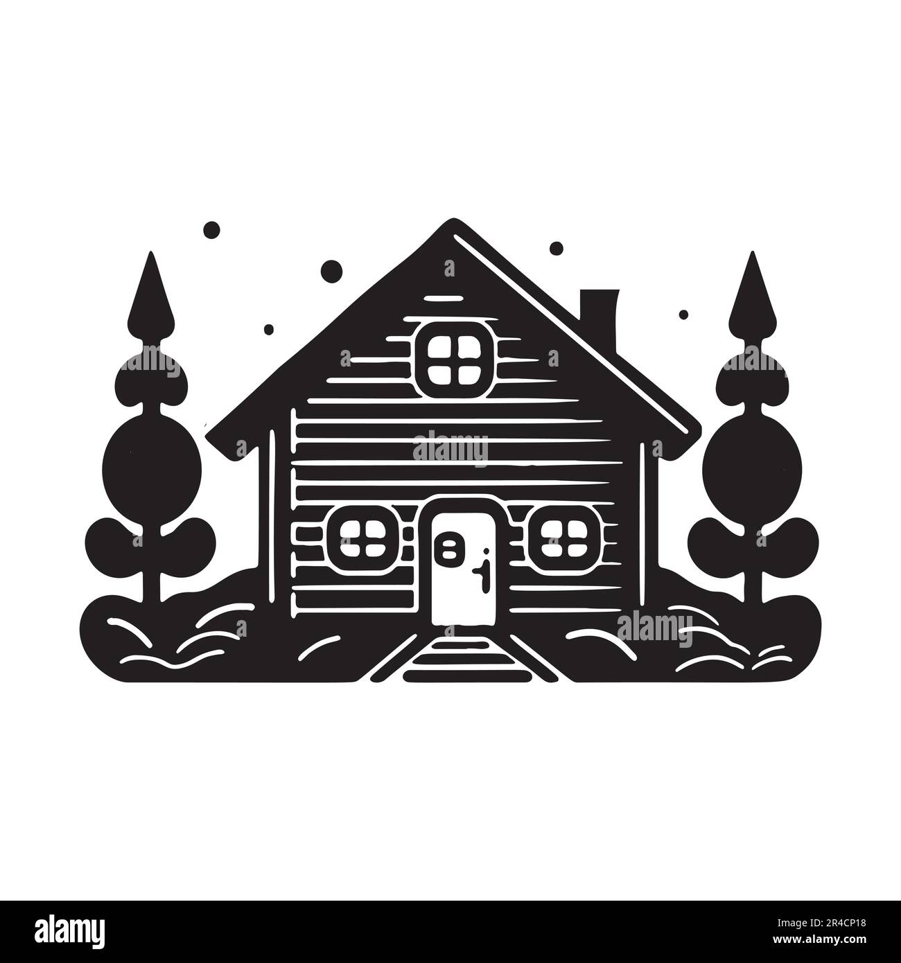 Wooden log cabin in scandi linocut style vector illustration. Alpine ...