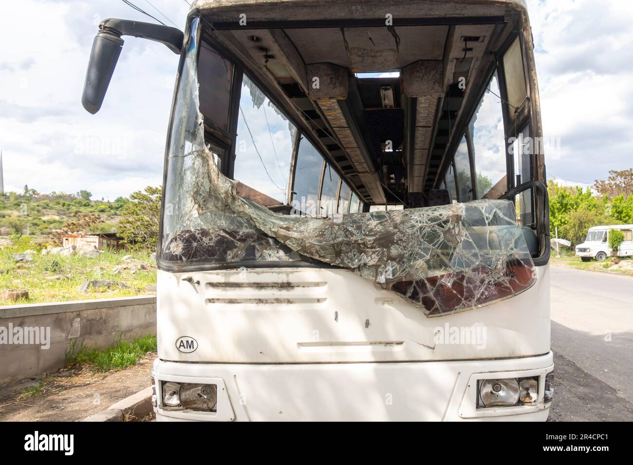 old neglected bus with broken front window, Shattered window glass ... old neglected bus with broken front window, Shattered window glass ...