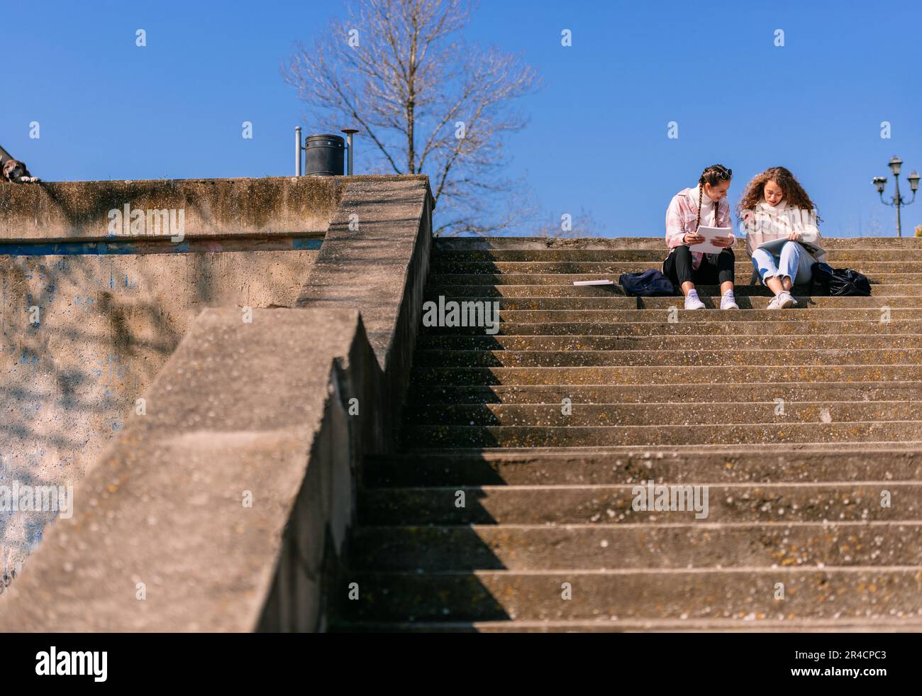 Long distance view of high school girls sitting on a staircase ...