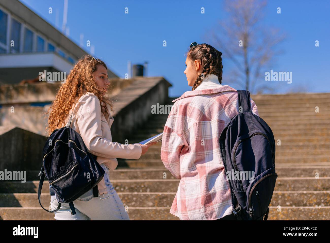 High school girls discussing a school subject while walking upstairs ...