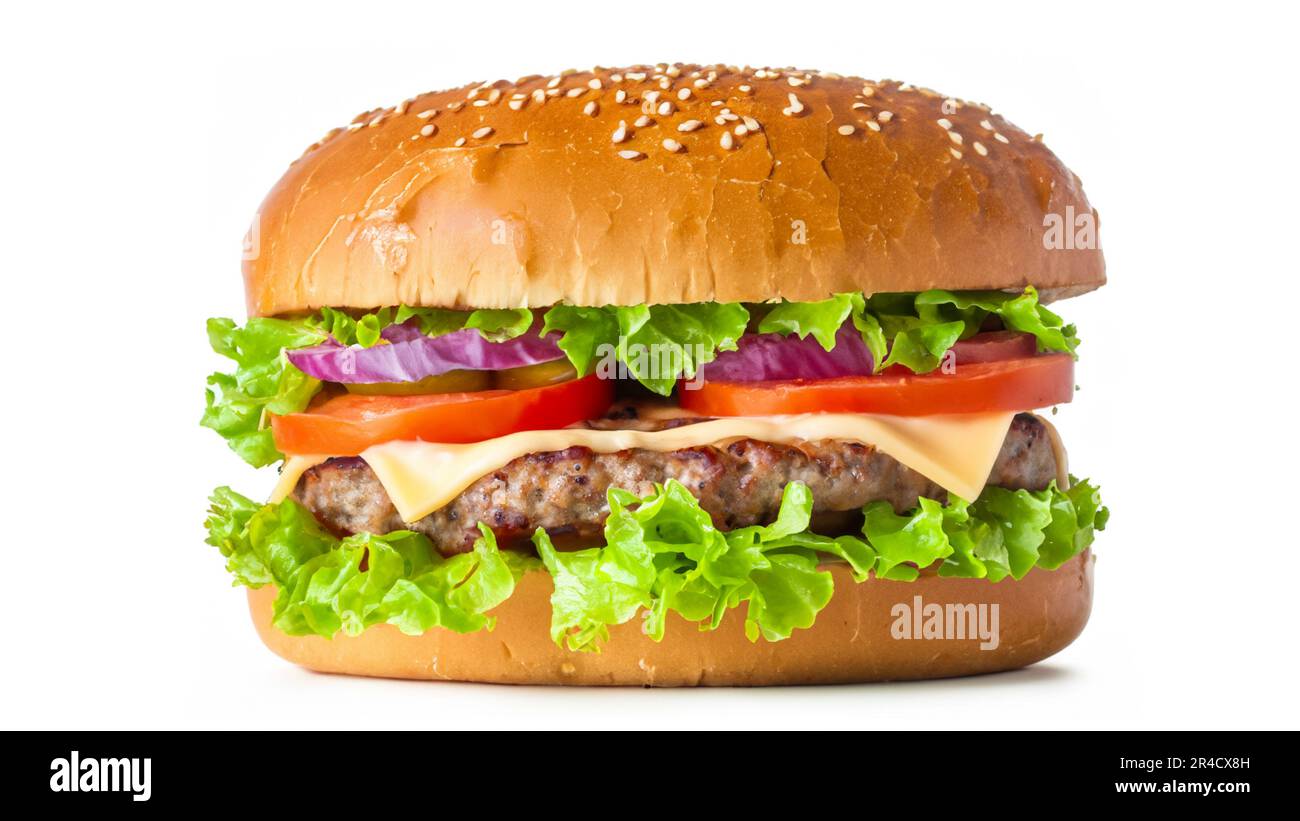 Big fresh burger with cheese, tomato, lettuce, pickles and mayonnaise ...