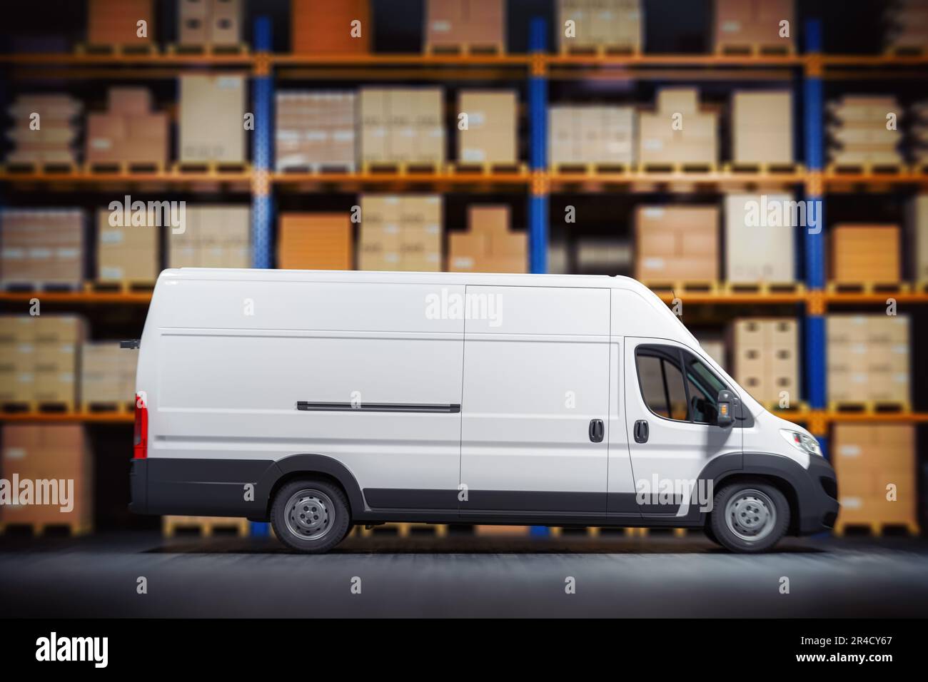 Commercial delivery van in warehouse with cardboard boxes. Delivery ...