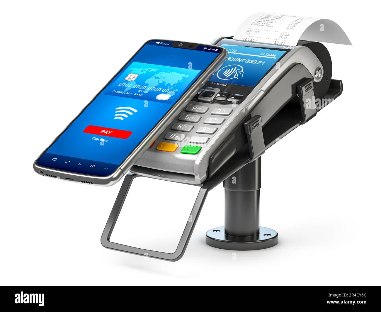 Contactless payment with smart phone. POS terminal with NFC mobile phone isolated on white. 3d ...