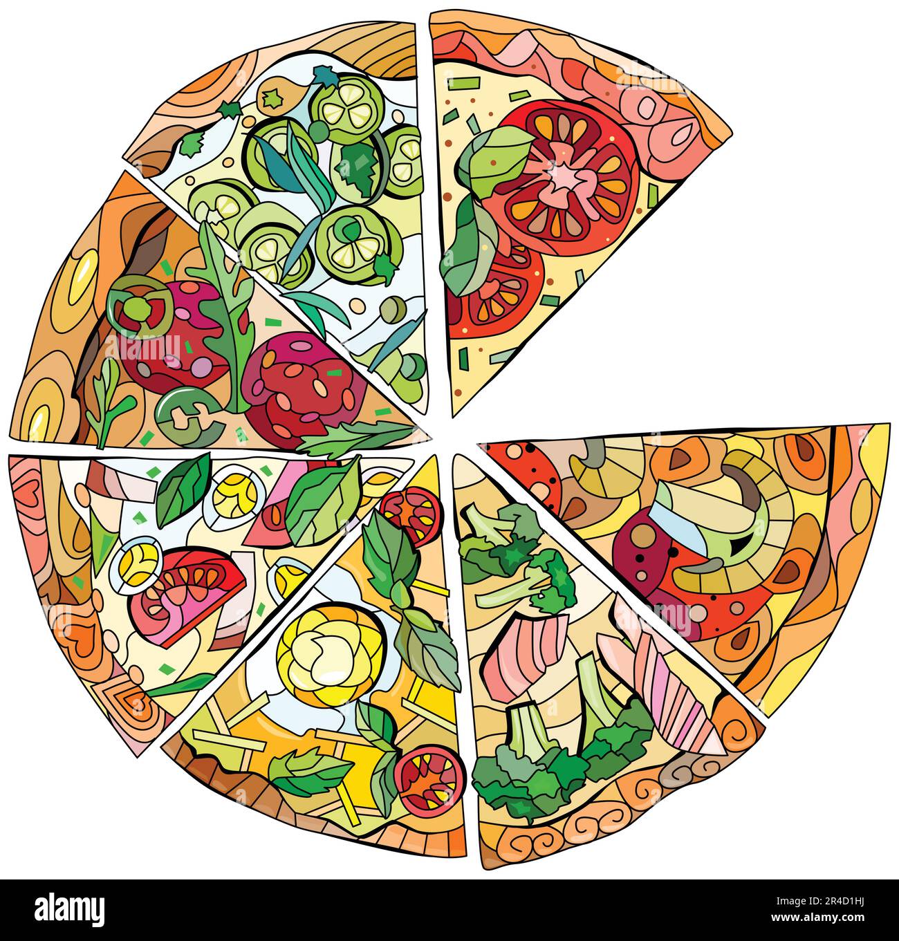 Pizza slices in decorative style on white background. Isolated vector ...