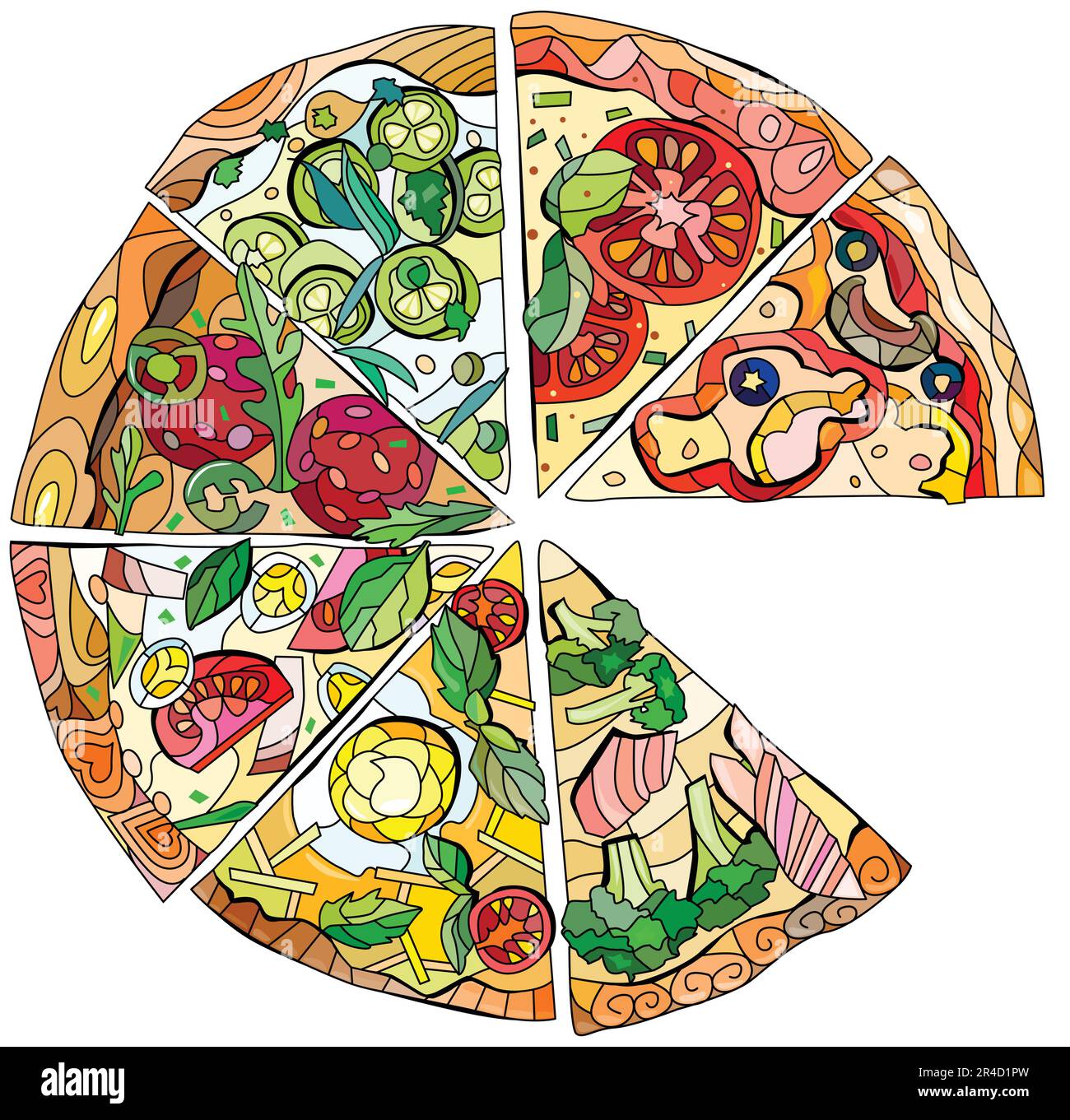 Pizza slices in decorative style on white background. Isolated vector ...