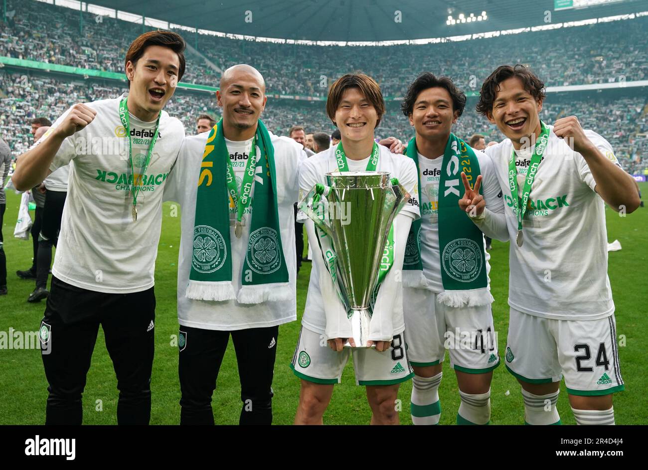 Left to right, Celtic's Yuki Kobayashi, Daizen Maeda, Kyogo Furuhashi, Reo Hatate and Tomoki ...