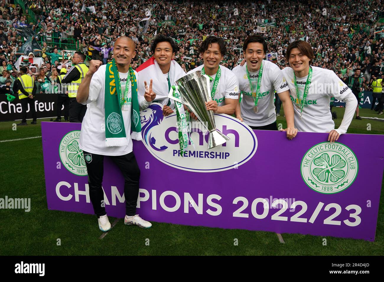 Left to right, Celtic's Daizen Maeda, Reo Hatate, Tomoki Iwata, Yuki Kobayashi and Kyogo ...