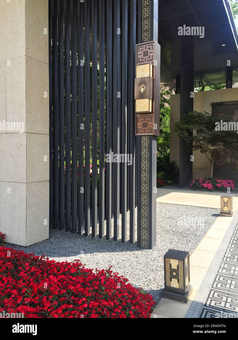 The entrance to a Chinese building with flower decoration in Chengdu ...