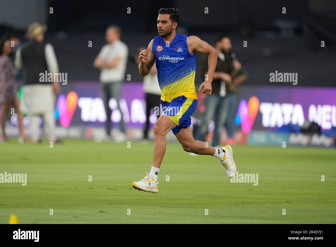 Deepak Chahar of Chennai Super Kings attends a practice session ahead ...