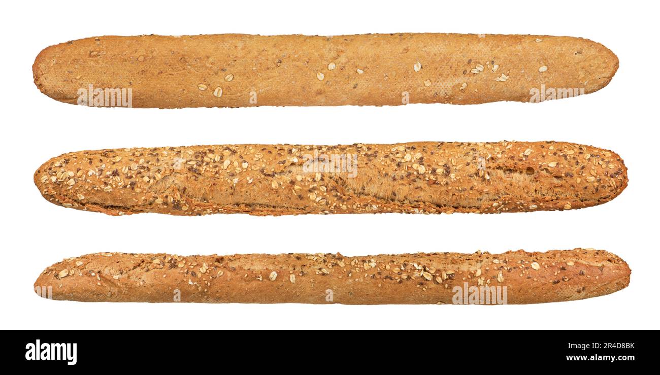 Whole grain rye French baguette, long bread, isolate. Set of rye ...