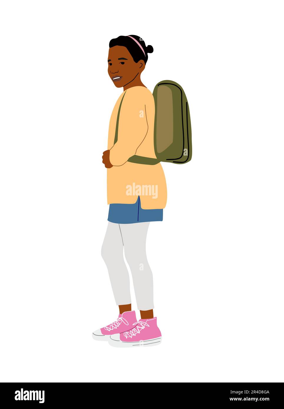 Black Kid girl walking to school with backpack side view. African ...