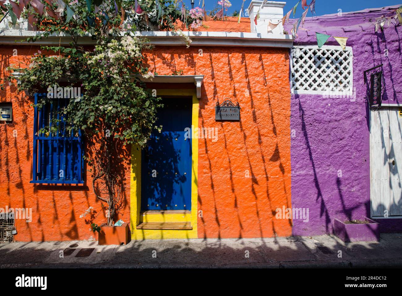 A colorful house with a tree growing on it in Cartagena Colombia Stock ...