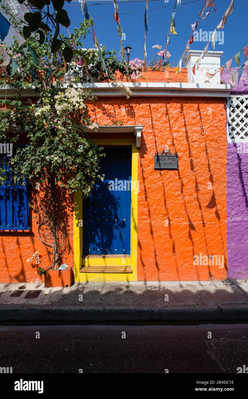A colorful house with a tree growing on it in Cartagena Colombia Stock ...