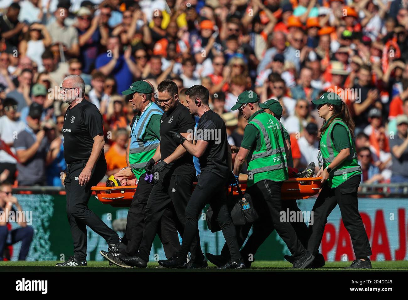 Tom Lockyer #4 of Luton Town receives treatment during the Sky Bet ...
