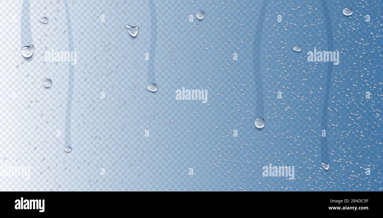Rain water. Droplets on glass window. Steam of pure drops. Vapor in wet shower. Realistic blue ...