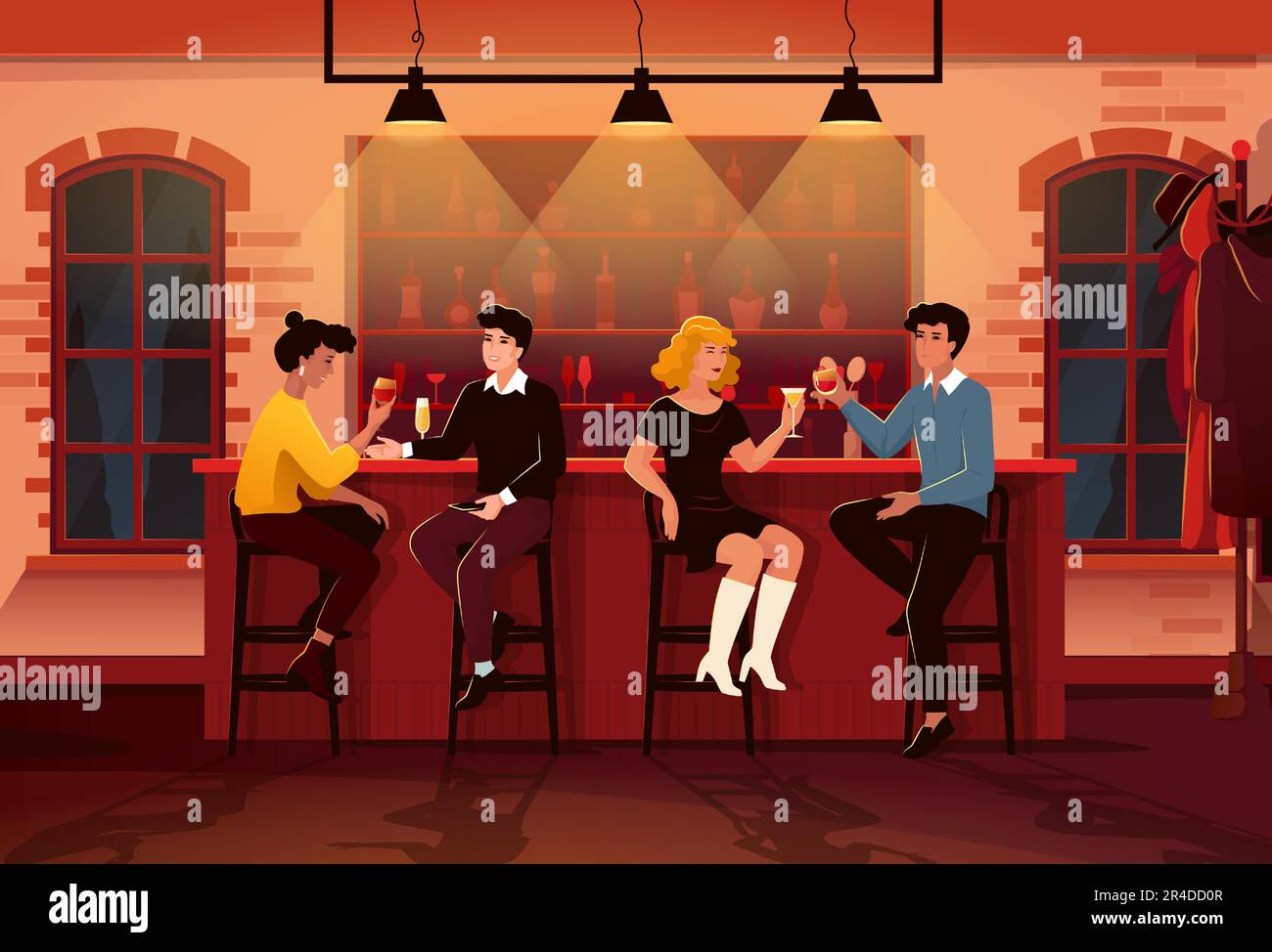 Friends drink in bar. People meeting and talk with beer, hipster group ...