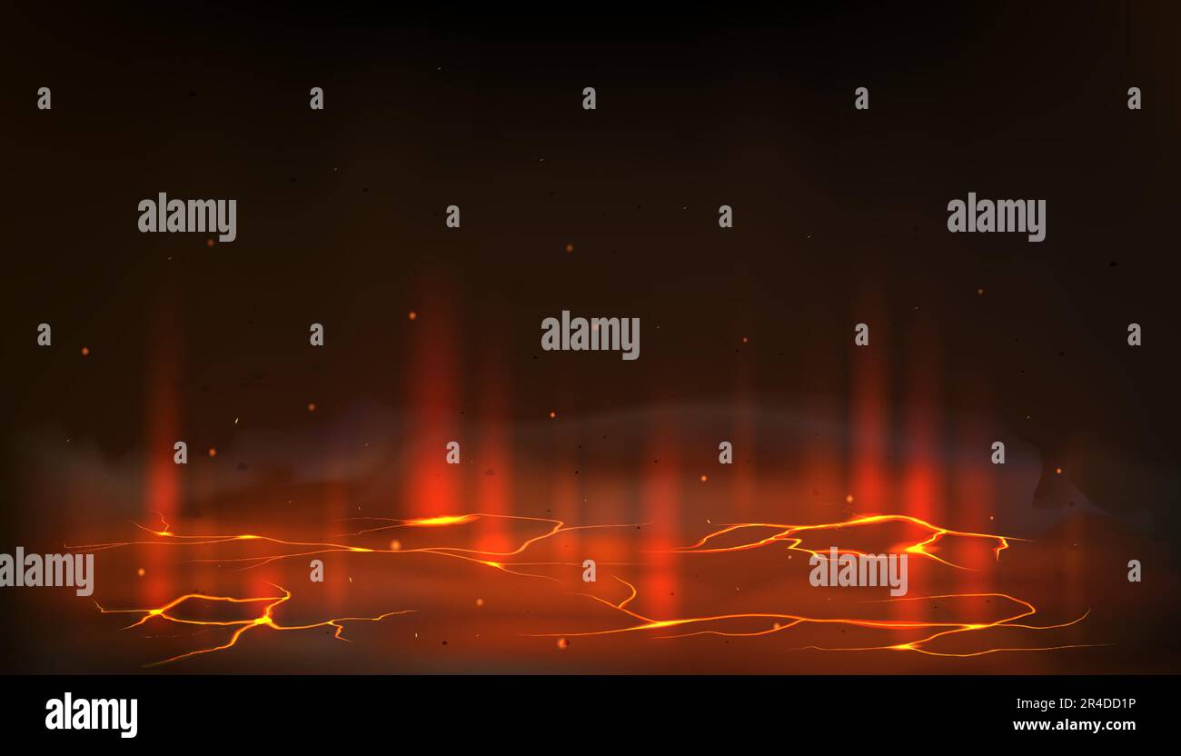 Ground crack. Volcano lava. Broken cave with hell light. Fire sparkles ...