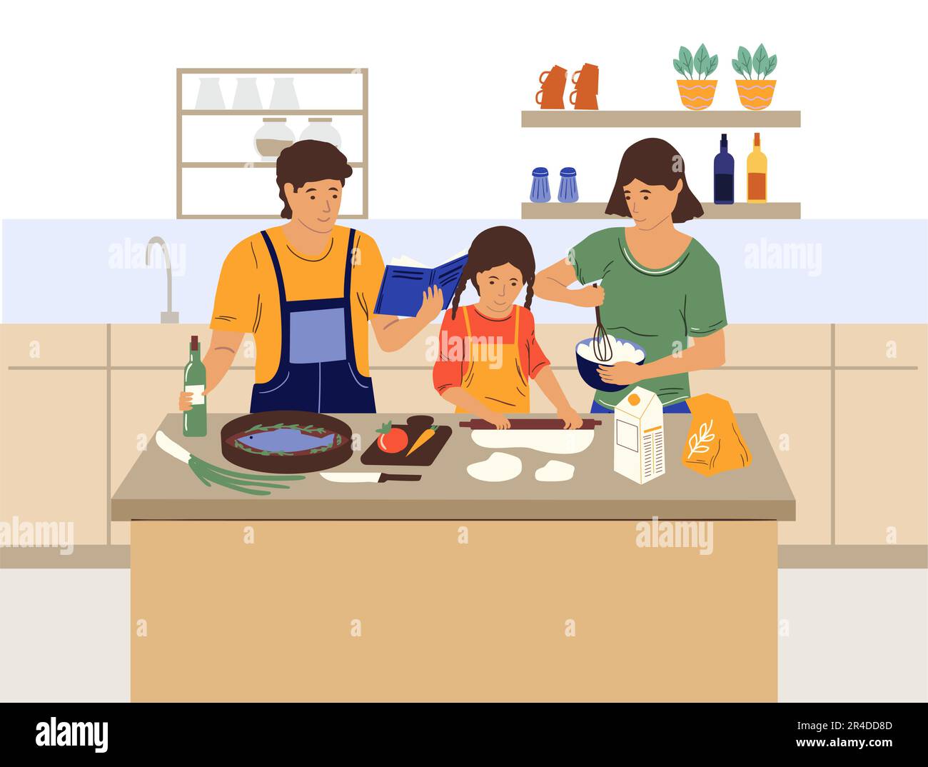 Family cooking on kitchen. Parents with daughter child preparing dinner ...
