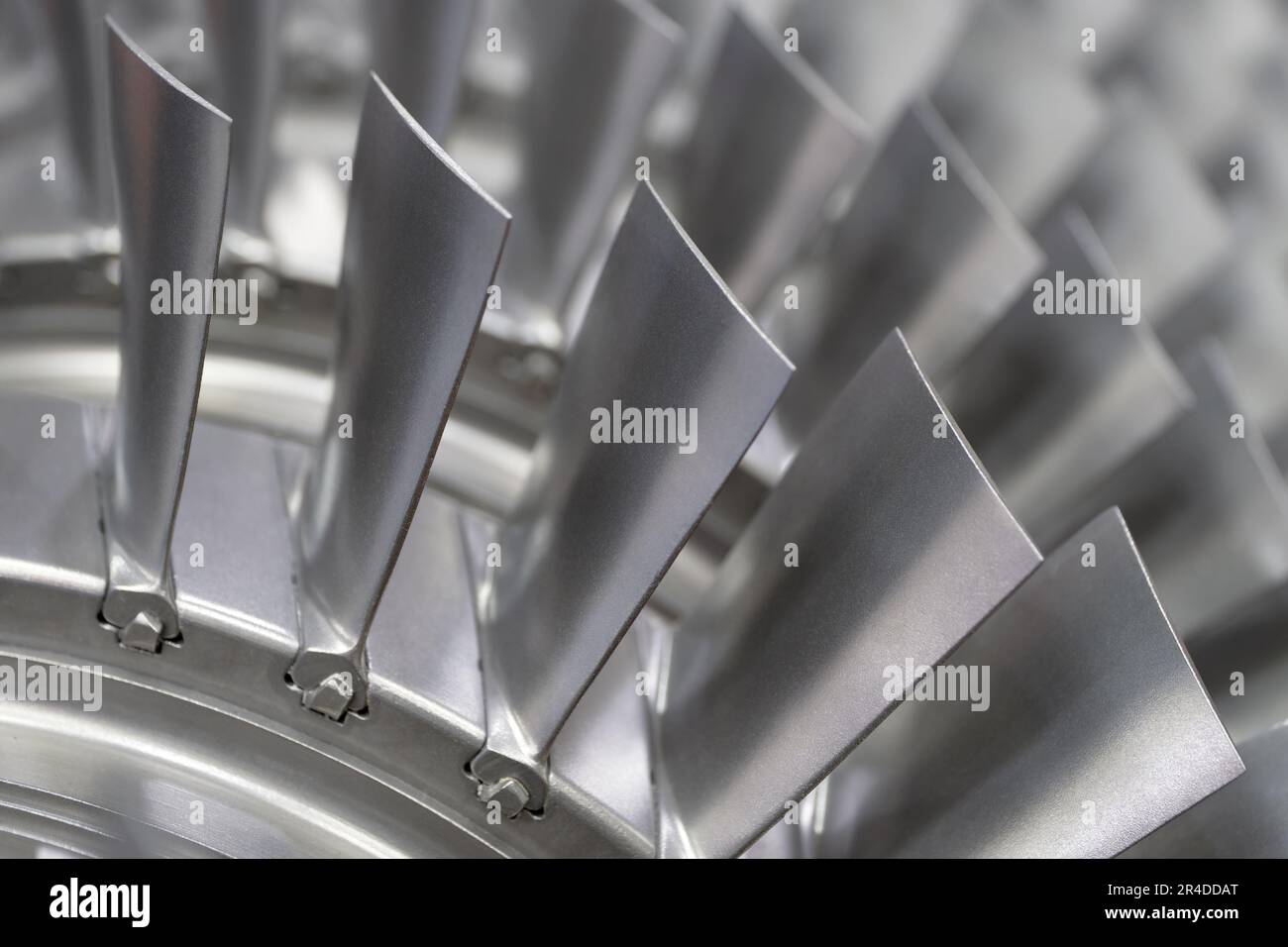 Horizontal close-up shot of turbine blades set, aircraft or energetics ...