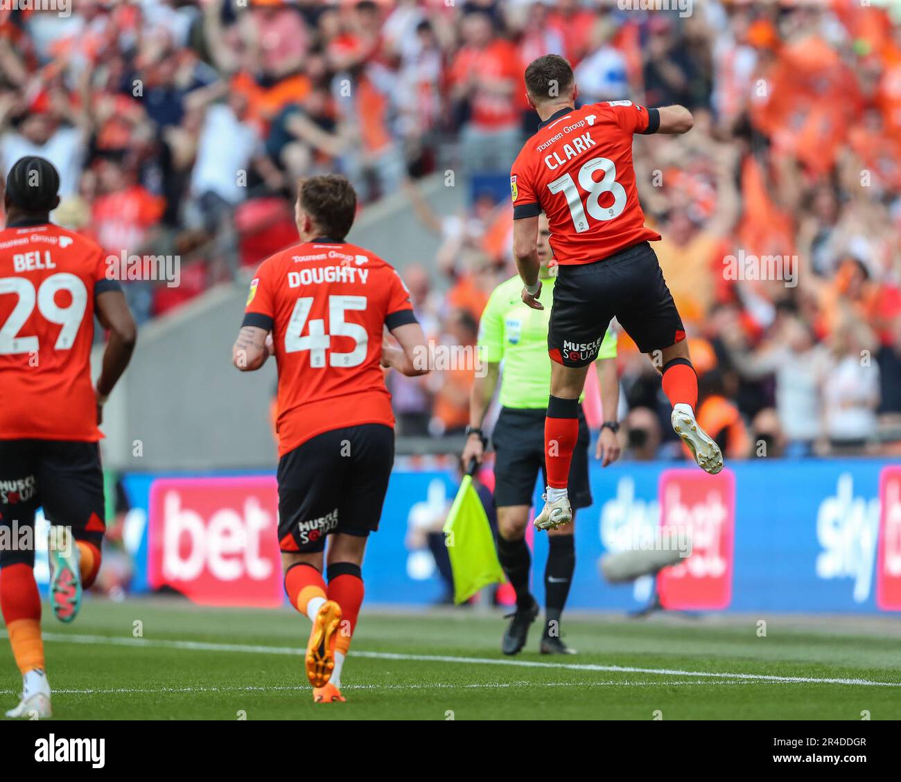 Jordan Clark #18 of Luton Town celebrates his goal to make it 0-1 ...