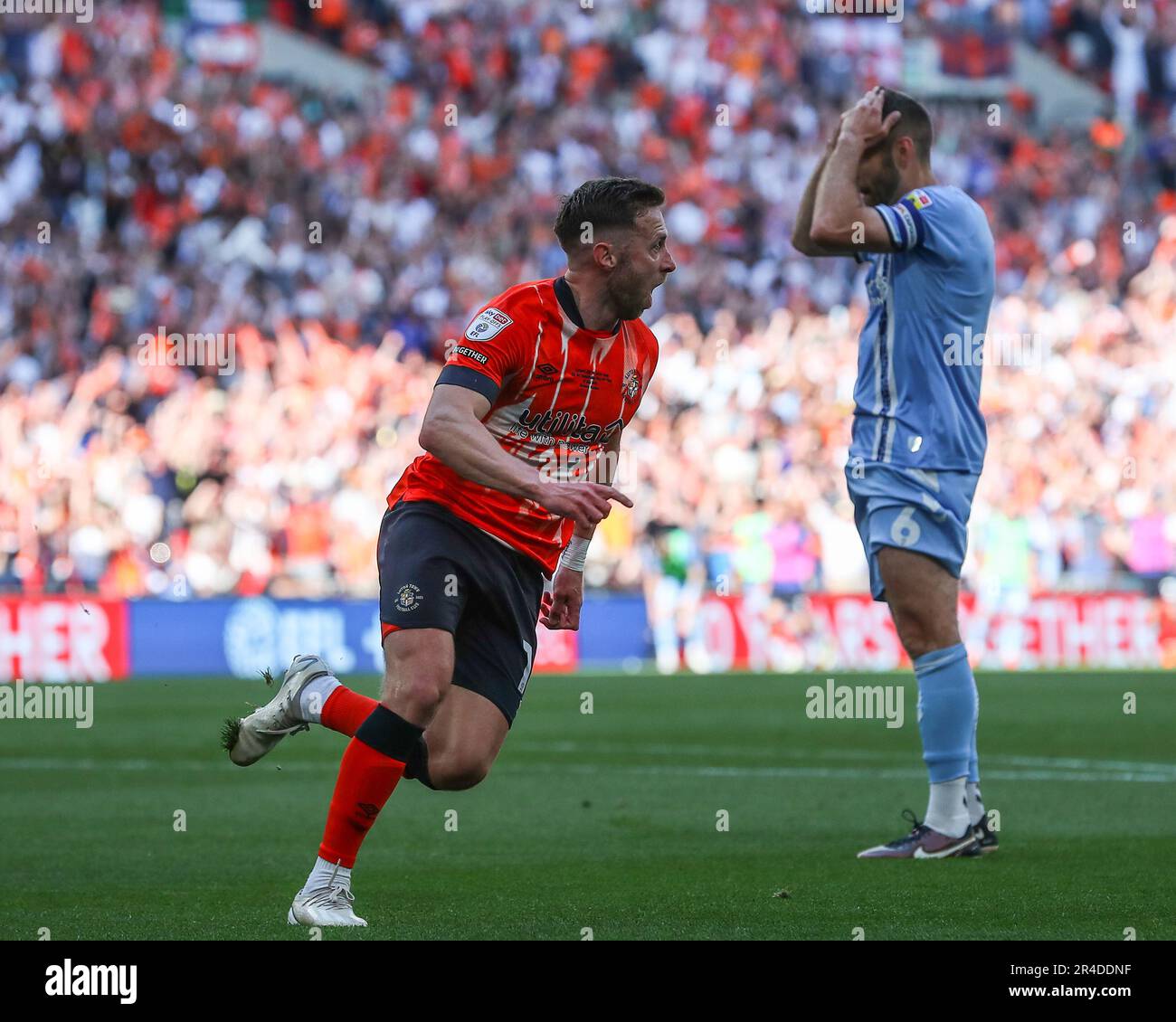 Jordan Clark #18 of Luton Town celebrates his goal to make it 0-1 ...