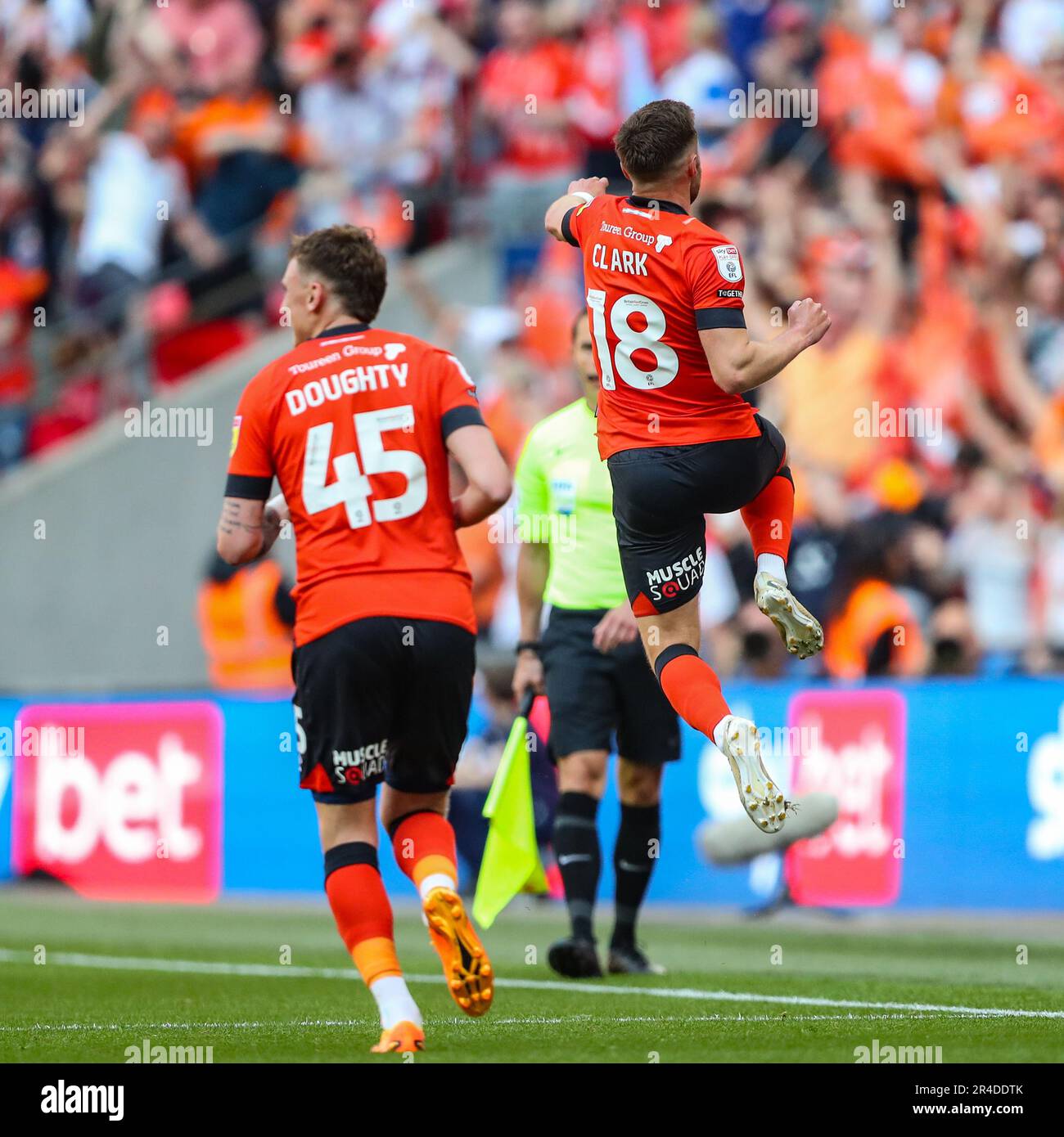 Jordan Clark #18 of Luton Town celebrates his goal to make it 0-1 ...