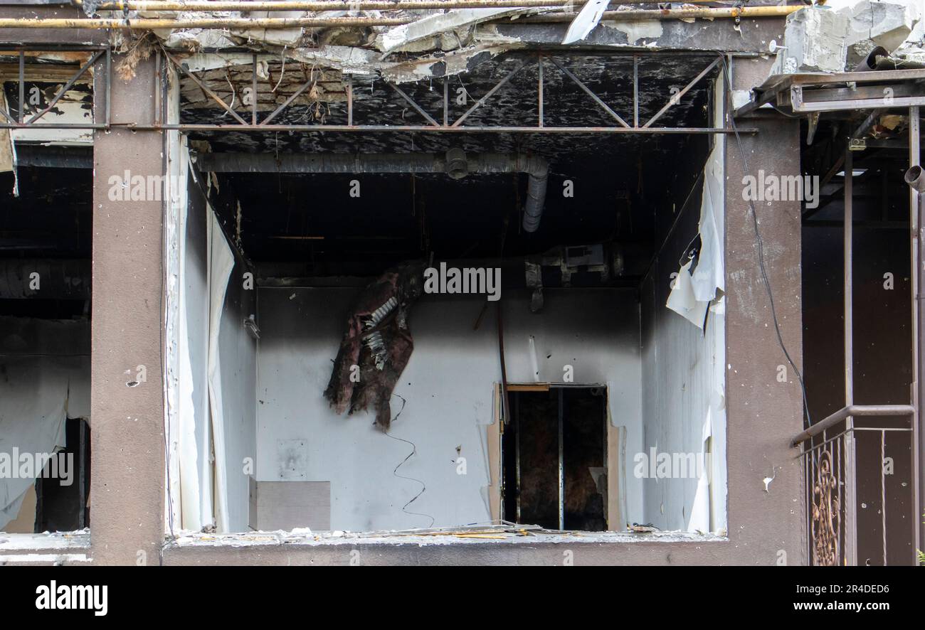 Residential buildings, windows and balconies were damaged by the blast ...
