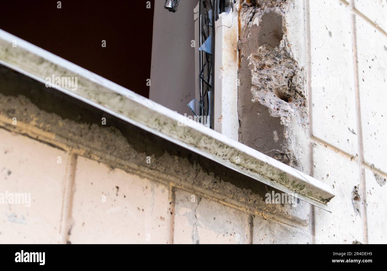 Window of the house with broken glass. Selective focus. The windows in ...