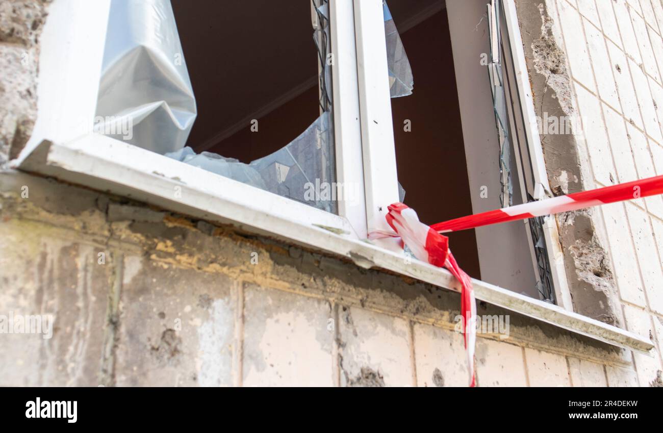 Window of the house with broken glass. Selective focus. The windows in ...