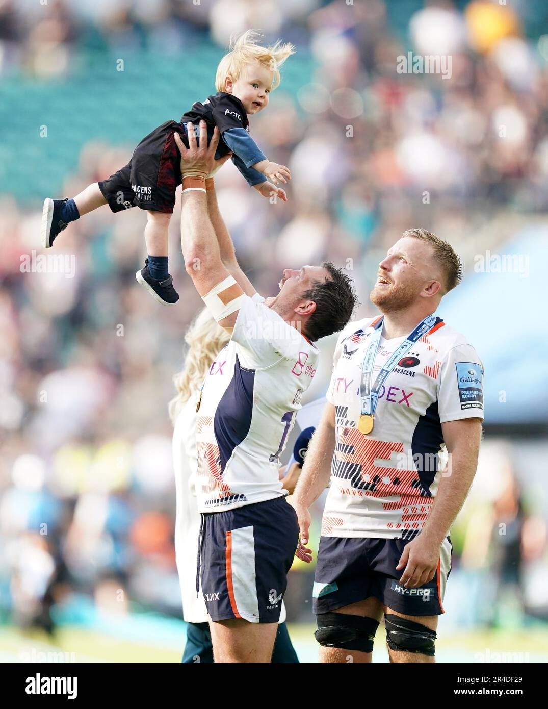 Saracens' Alex Goode celebrates on the pitch after the Gallagher ...