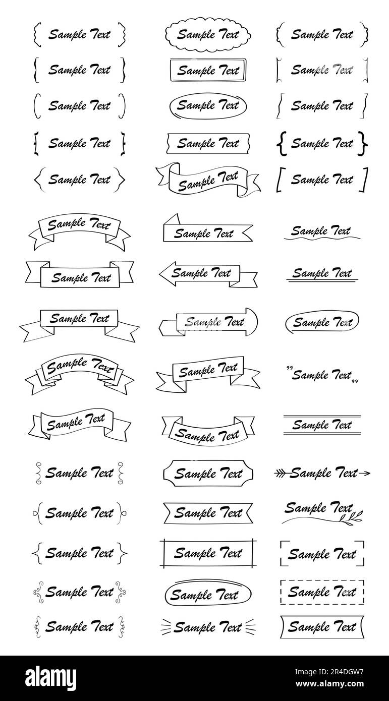 Text title frame vector set in doodle style. Label, tag, braces ...