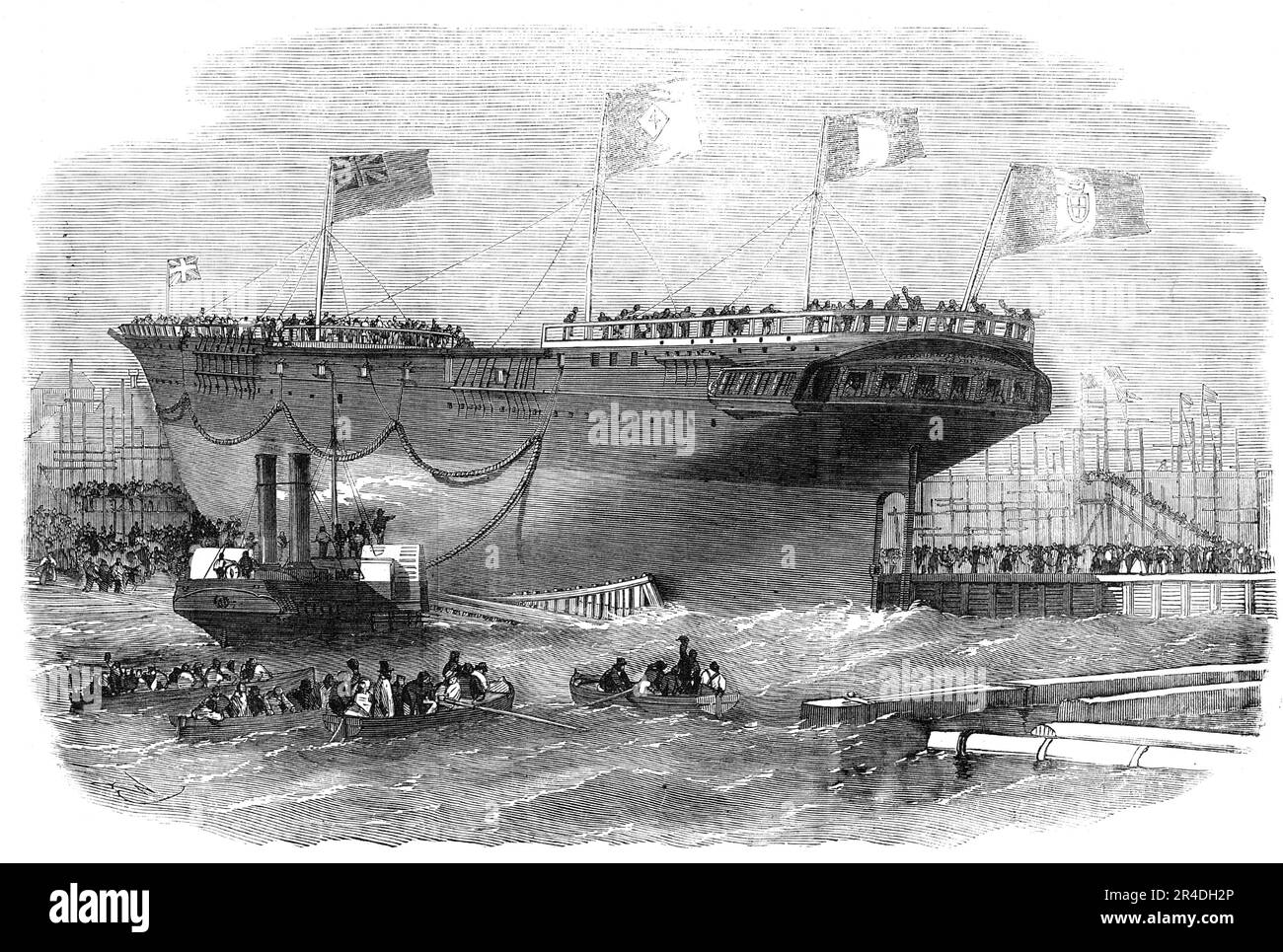 Launch of the "Torino", at Blackwall, 1856. Steamship on the River ...