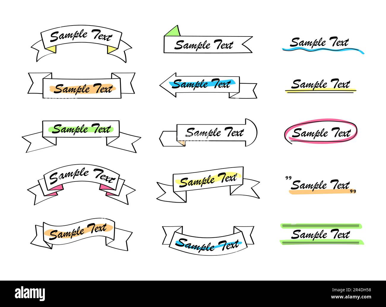 Text title frame vector set in doodle style. Color label, tag, braces ...