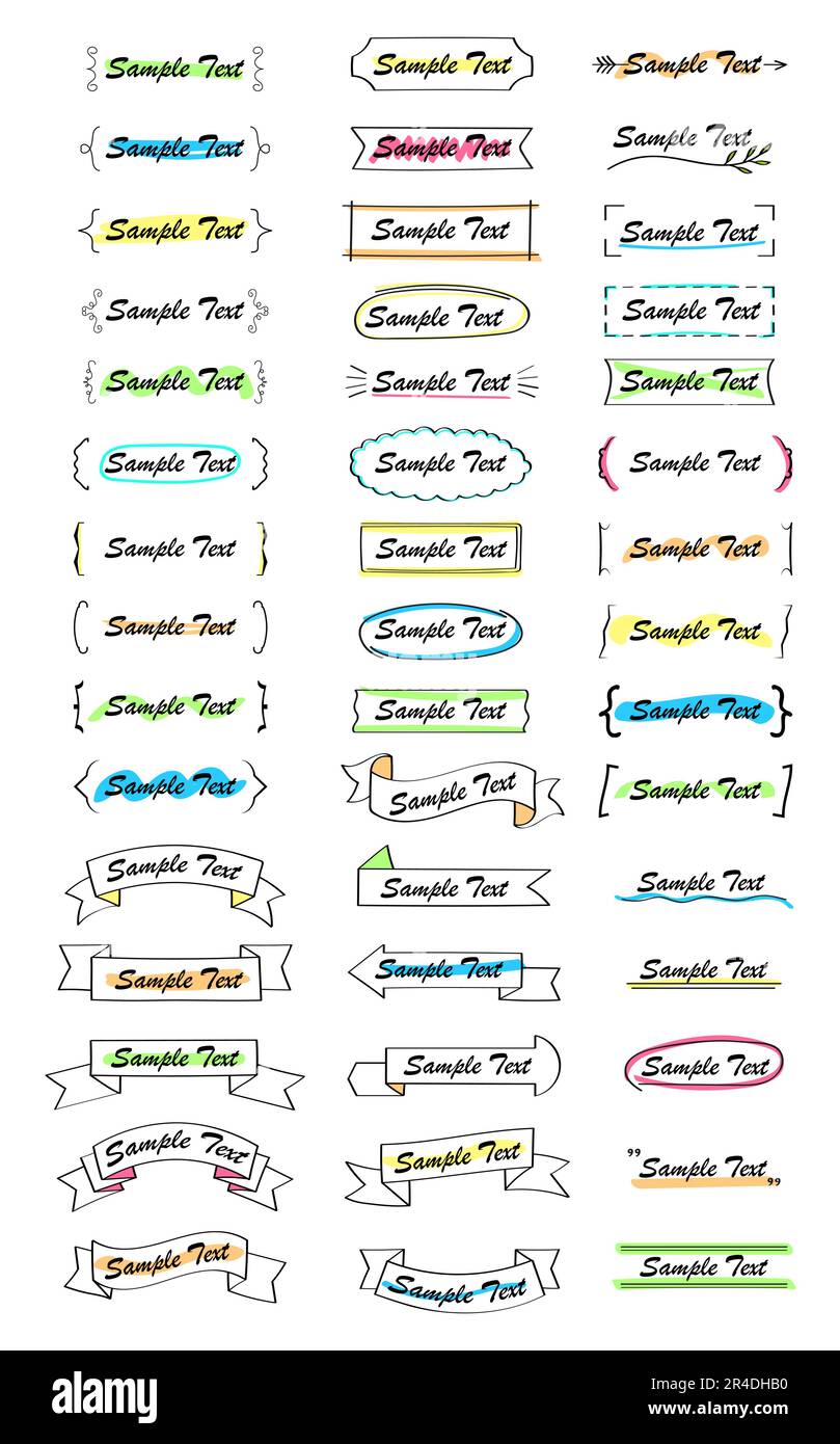 Text title frame vector set in doodle style. Label, tag, braces ...