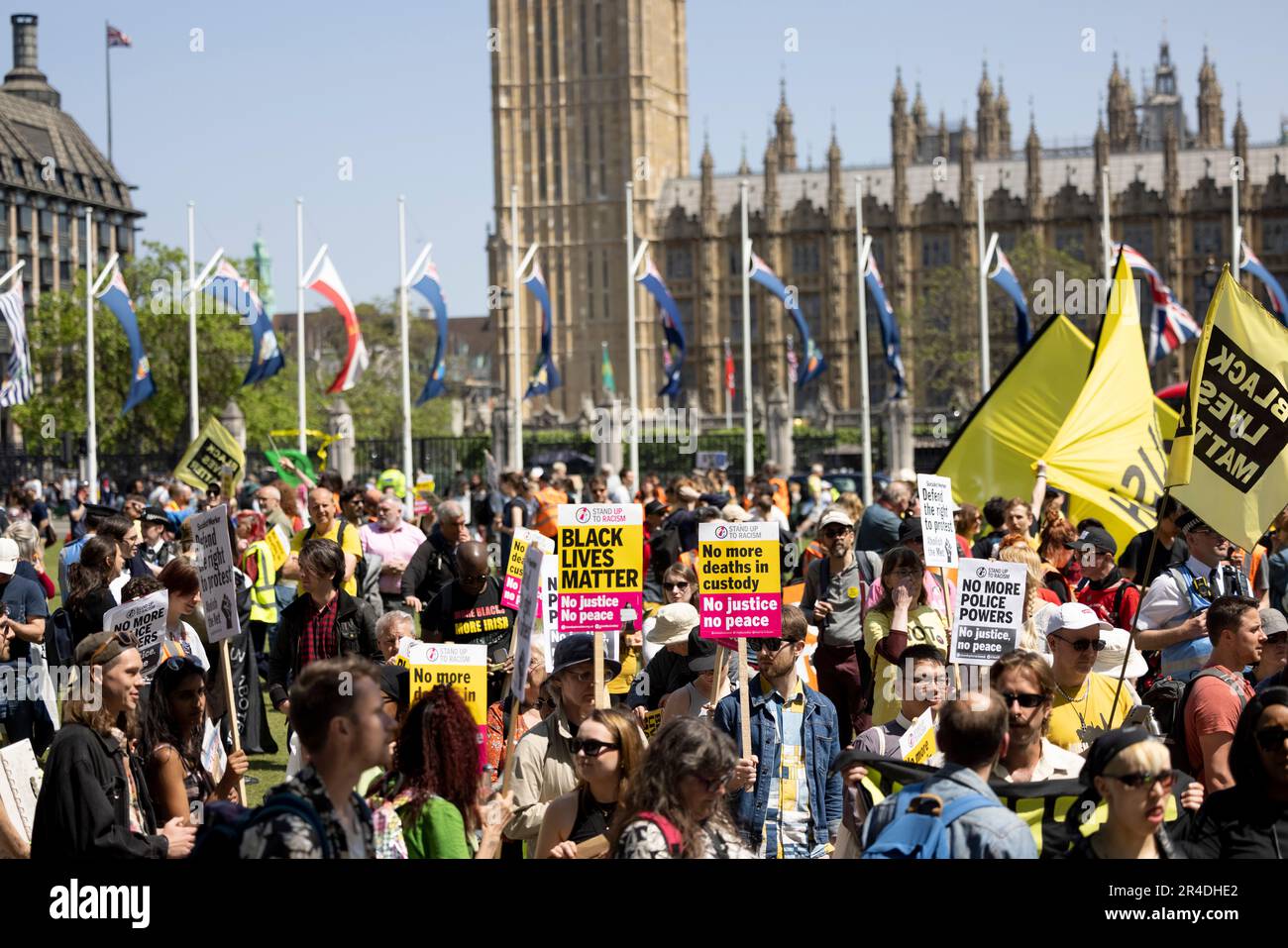 London, UK. 27th May, 2023. Protesters seen gathering at Parliament ...